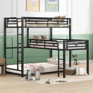 turridu heavy-duty triple bunk bed, metal l-shaped bunk bed for 3 kids adults with built-in ladder and full-length guardrails, no box spring needed & space saving metal triple bunk bed