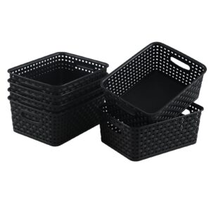 lasbily 6-pack plastic storage basket, woven shelf basket with cut out handle, pantry, classroom, kitchen, bathroom organizer bin, black