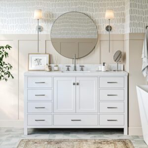 ariel cambridge 60" white bathroom vanity, 1.5" edge carrara white quartz countertop & splash, rectangular sink, 2 soft closing doors, 9 full extension dovetail drawers, brushed nickel