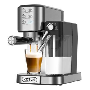 kotlie espresso coffee machine with milk frother, one-touch automatic coffee maker for espresso/cappuccino/latte, ese pod compatible, 20bar pump, dual heat system 1350w and 900w (120, volts) (metal)