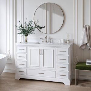 ariel stafford 55" white bathroom vanity, 1.5" edge pure white quartz countertop & splash, single rectangular sink, 2 soft closing doors, 9 full extension dovetail drawers, brushed nickel