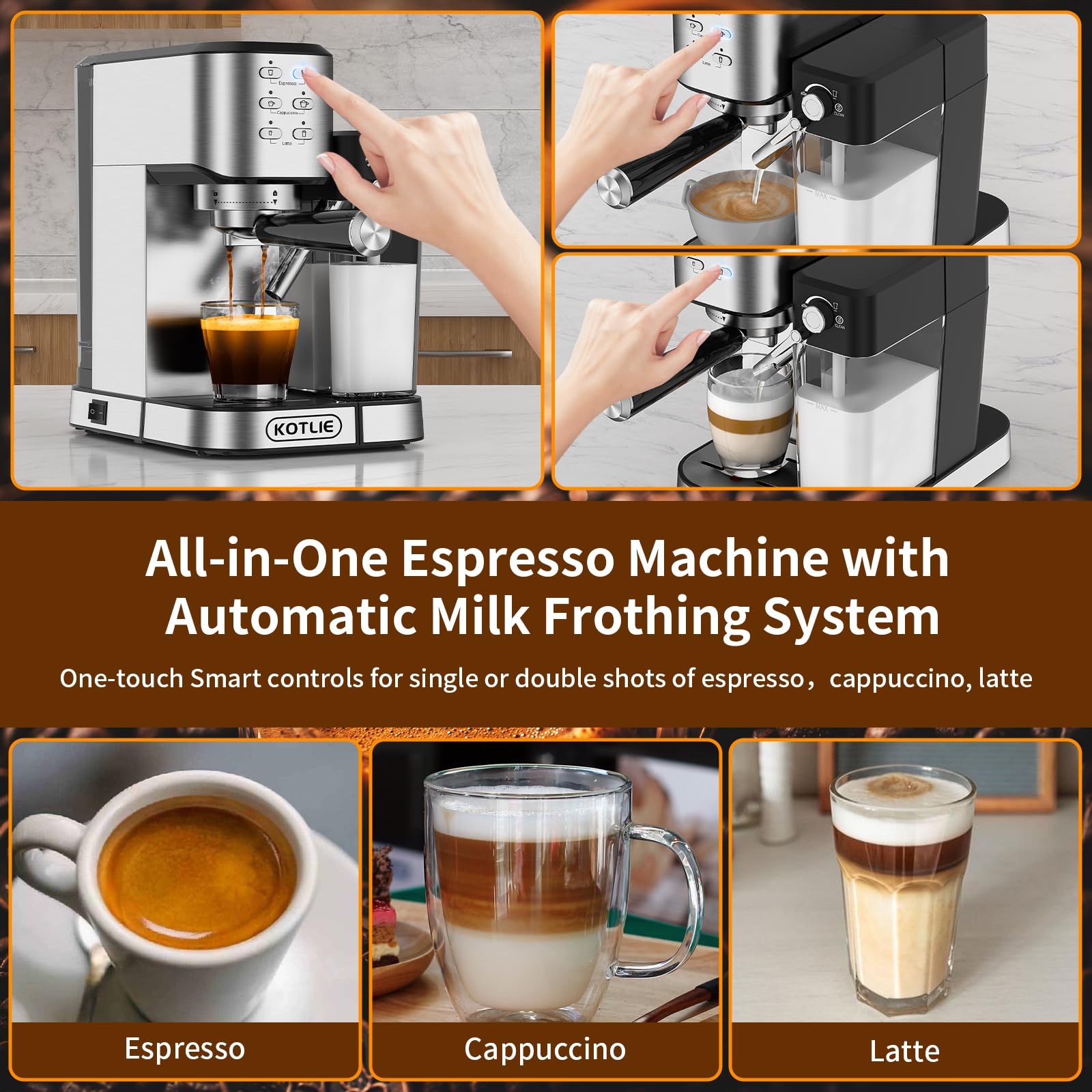 KOTLIE Espresso Coffee Machine with Milk Frother, One-Touch Automatic Coffee maker for Espresso/Cappuccino/Latte, ESE Pod Compatible, 20Bar Pump, Dual Heat System 1350W and 900W (120, Volts) (Metal)