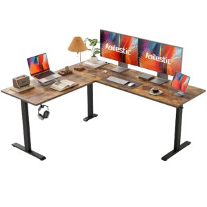 agilestic l shaped standing desk adjustable height, electric corner standing desk, 63 x 55 inch sit stand computer table with splice board, rustic brown