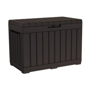 keter kentwood 50 gallon resin deck box-organization and storage for patio cushions, throw pillows and garden tools, brown