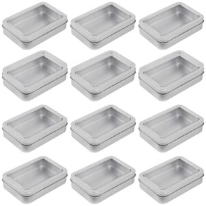 framendino, 12 pack metal rectangular storage organizer tins with clear window hinged lids silver