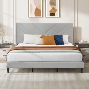 zeelovtress queen size upholstered bed frame with adjustable headboard, velvet platform bed, tufted bedframe mattress foundation with strong wooden slats, easy assembly, light grey