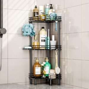 hapirm corner shower caddy standing - 3 tier shower organizer corner with soap holder, rustproof shower shelves with 4 hooks for bathroom, black