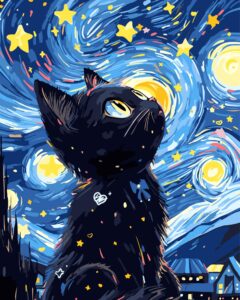 yunnuo paint by numbers for adults black cat, paint by numbers kit on canvas for beginners, starry night oil painting set craft supplies, 3 paintbrushes and acrylic paint 16x20 inch