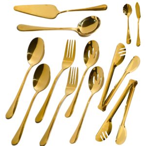 12pcs gold stainless steel serving utensils set for parties buffet, gold serving utensils set includes large serving, slotted & tea spoon, soup ladle, fork, tong, butter knife & pie server