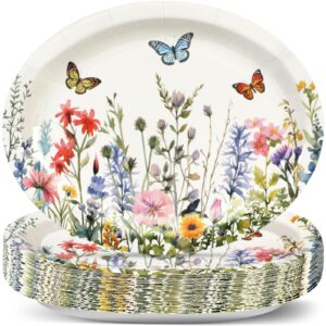 50pcs wildflowers oval plates floral butterfly paper plates 9.4*11.6inch large disposable platter for easter spring summer flowers blossom bridal baby shower wedding birthday party supply decor