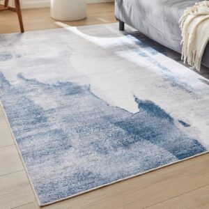 tniops modern light navy blue area rug,non slip colorful big large carpets, abstract machine washable 5x7 rugs for living room and bedroom, soft blue and white rug for dining center