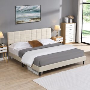 jintop king size platform bed frame with fabric upholstered headboard and wooden slats,no box spring needed,easy assembly, bedroom furniture for teens & adults,dark beige