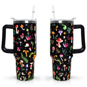 mindunm 40 oz mushroom tumbler with handle and straw lid mushroom themed gifts for women mushroom lovers double insulated cup travel coffee mug