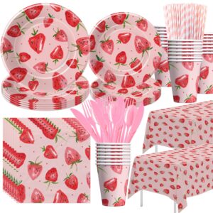 yjrjsc strawberry party decorations tableware - strawberry birthday party supplies, paper plate, cup, napkin, tablecloth, disposable cutlery, berry sweet birthday baby shower decorations | serve 24