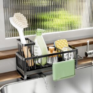 swtymiki sponge holder for kitchen sink - sink caddy with brush holder self-draining kitchen sponge caddy organizer with divider stainless steel sink accessories storage for countertop, black