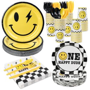 168pcs one happy dude birthday paper plates yellow smile face party plates one happy dude plates cups napkins plastic spoons forks knives party favors for birthday baby shower bachelor party,serves 24