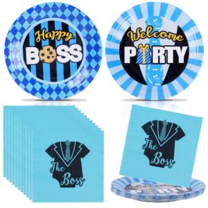 happarty boss birthday party supplies- serve 12 guests, 7in boss theme paper plates with 4.9in napkins, black blue boss paper trays and baby suit tissues,boy baby shower party decorations