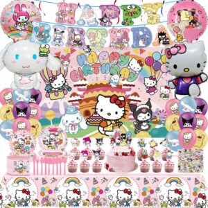 kawaii birthday decorations, cartoon party decorations, include banner, cake toppers, paper tableware, stickers, backdrop, tablecloth, balloons, hanging swirls, for kids theme birthday party supplies