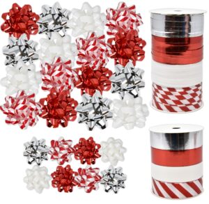 30 self adhesive christmas bows with 8 rolls of holiday curling ribbon rolls matte and metallic silver red white striped bows in 2 assorted sizes for packages & presents gift wrapping decorations