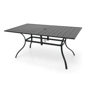 nixtopia outdoor metal frame rectangle patio dining table with slat top and umbrella hole 63"x38" for 6 person - black