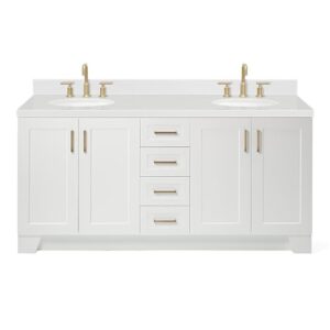 ariel taylor 72" white double bathroom vanity, 1.5" edge carrara quartz countertop & splash, oval sinks, 4 soft closing doors, 6 full extension dovetail drawers, toe kick, satin brass