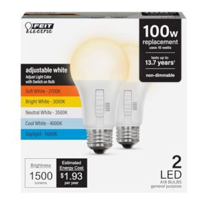 feit electric a19 led light bulb, 100w equivalent, non-dimmable, 5cct, e26 medium base, 90 cri, 1500 lumens, standard light bulb with switch on bulb, 13-year lifetime, om100/5cct/15kled/2, 2 pack