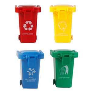 happyyami 4pcs mini recycling trash can toys, garbage trucks trash cans, mini curbside vehicle garbage bin, garbage classification toys for pencil cup desktop organizer