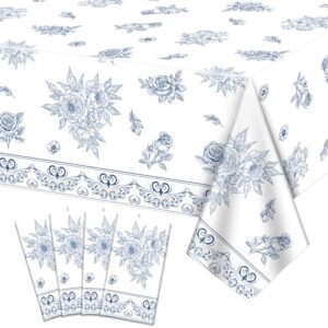 4 pcs blue and white floral tablecloths, rectangular flower table cover, blue white porcelain table cloths for floral theme bridal baby shower wedding birthday spring tea party supplies, 51x86 inch