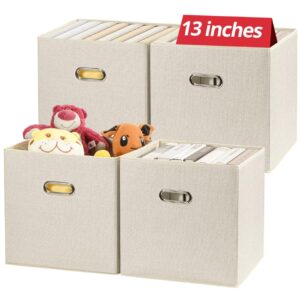 neatjelai storage cubes 13 inches cube storage organizer bins linen fabric storage container with metal hallow handles,foldable design for shelves closet organizers and storage, 4 pack, beige