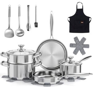 meythway 𝐔𝐏𝐆𝐑𝐀𝐃𝐄 pots and pans set non toxic, 16pcs stainless steel cookware set with steamer, kitchen induction cookware with utensil sets, pot protectors and apron for oven & dishwasher safe