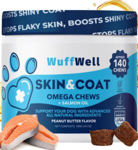 wuffwell - omega 3 for dogs with salmon oil 140ct - dog skin and coat supplement - allergy and itch relief - fish oil for dogs chews - dog anti shedding supplement - dry skin treatment - made in usa