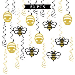 maicaiffe honey bumble bee hanging swirl decorations - glitter 22 pcs bee baby shower party supplies - baby birthday - engagement - wedding streamers - bee theme party foil swirls ceiling decorations