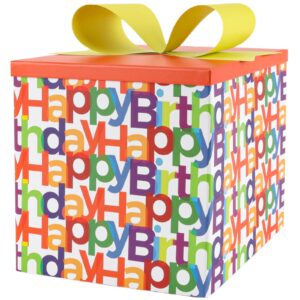 biobrown medium birthday gift boxes with lids for presents, 9x9x9 inches text happy birthday design collapsible gift box for birthday, baby shower, party