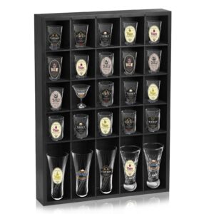 darckle shot glass display case for wall, wood holds set of 30 glasses shot glass holder display shelf, 17'' x 12''-3'' x 2'' (black, 1pcs)