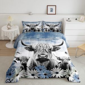 erosebridal highland cow print comforter set twin,blue western farmhouse bedding sets rustic home decor,longhorn cattle farm animal bed set grunge daisy flower quilt cowboys gifts for boys girls kids