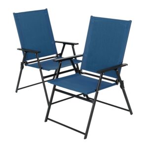 nixtopia 2 pcs folding patio chairs, outdoor dining chairs with blue sling high back and armrests used for camping garden backyard pool porch