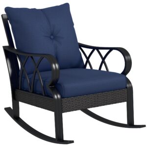 outsunny outdoor wicker rocking chair with padded cushions, aluminum furniture rattan porch rocker chair w/armrest for garden, patio, and backyard, navy blue