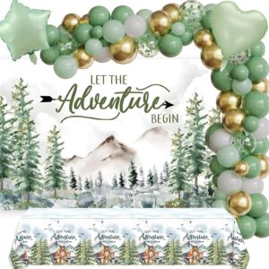 adventure awaits baby shower decorations let the adventure begin backdrop banner,tablecloth,sage green balloon garland for travel themed forest mountains woodland animals birthday party supplies decor