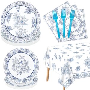 81pcs blue and white flower party decorations, floral dinnerware set, blue and white porcelain plates, napkins, tablecloth for bridal birthday baby shower spring summer tea party supplies, serve 20