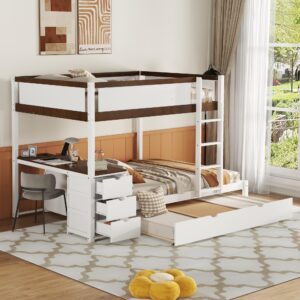 harper & bright designs full over full bunk bed twin size trundle, wood full bunk bed with usb ports, storage and desk, white+walnut