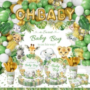 244pcs jungle safari baby shower decorations include plates, cups, napkins, cutlery, backdrop, tablecloth, palm leaves, balloon garland kit for animal themed baby boy shower decorations, serves 24