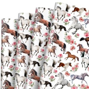 jarthenaamcs horse floral wrapping paper -not roll- watercolor flower horse gift wrap paper bulk 27.6 x 39.4 inch rustic art paper for horse racing theme party gift packing, folded flat, 6 sheet