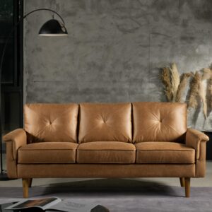 ovios luxury 3 seater sofa with faux leather,mid-century modern couch with comfortable armrest,comfy couches with deep seat,small sofas for living room bedroom (light brown)