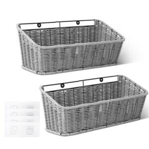 granny says wicker hanging basket, 2 pack storage baskets for cabinet, wall mount fruit basket for kitchen, adhesive bathroom cabinet organizer, pantry organizers and storage, gray