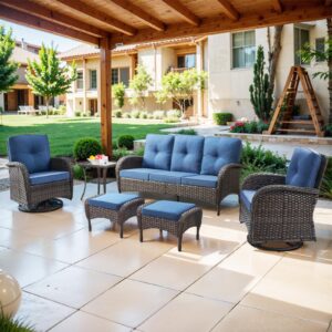 belord 6 piece patio conversation sets - wicker patio furniture sets with outdoor swivel rocker chairs outdoor couch perfect for patio deck backyard, brown wicker blue cushion