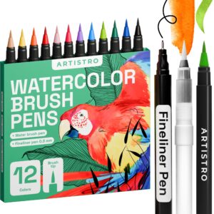 artistro 12 watercolor markers set – gift for girls, teens & beginners – includes brush pens, fineliner and water brush – vibrant, non-toxic, washable – ideal for art, calligraphy & fun