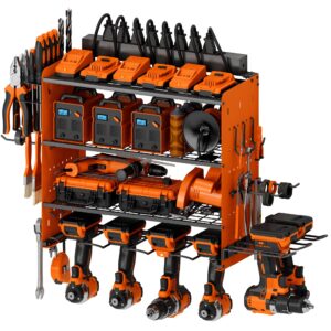 sttoraboks modular power tool organizer with charging station, wall mount garage shelf rack with hooks for 6 drills, 4-layer shelf, heavy duty tool battry holder built in 8 outlet power strip, orange