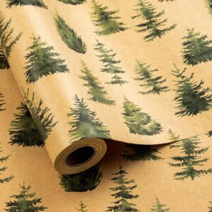 retrify kraft wrapping paper roll with cut lines on reverse, watercolor green christmas trees gift wrap paper for holiday, party celebration, arts, craft - 17 inch x 32.8 feet