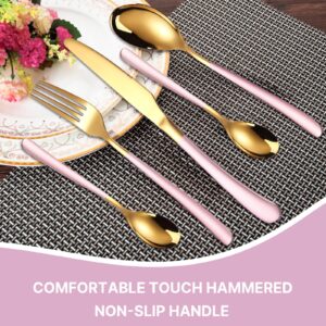 24 Pieces Silverware Set, Stainless Steel Flatware Set with Silverware Holder Spoons Forks Knives Set,Utensils Set Service for 6,Cutlery Set for Kitchen (Pink)