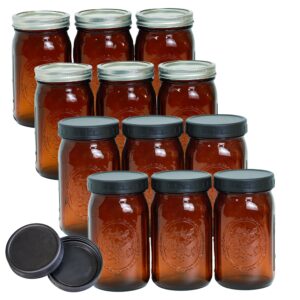 jumterlee 12 pack 32 oz amber mason jars, wide mouth mason jars with lids and bands and 12 black plastic mason jar lids, amber glass mason jars